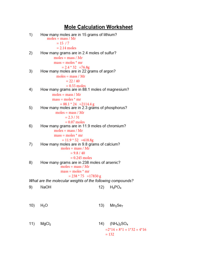 Mole_Calculation_Practice_WS solved | PDF
