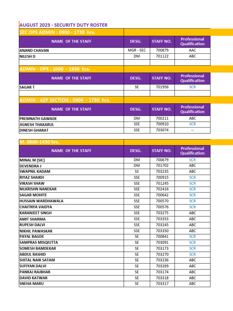 August 2023 Sec Duty Roster | PDF