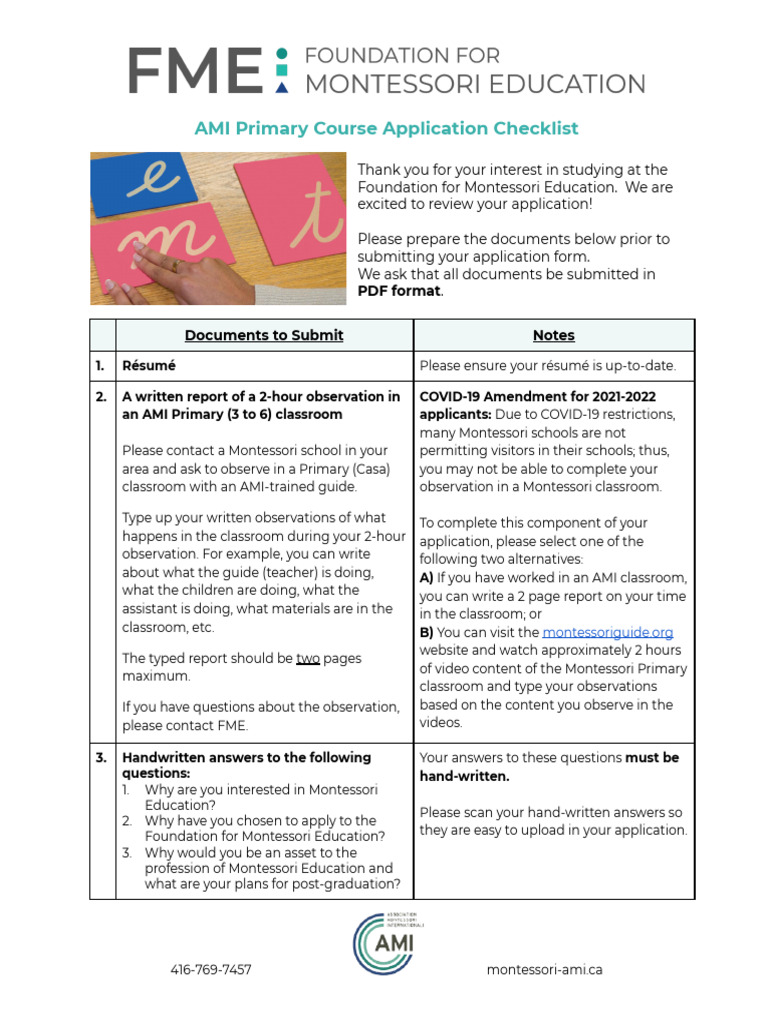 AMI-Primary-Application-Checklist-Updated | PDF | Classroom | Cheque