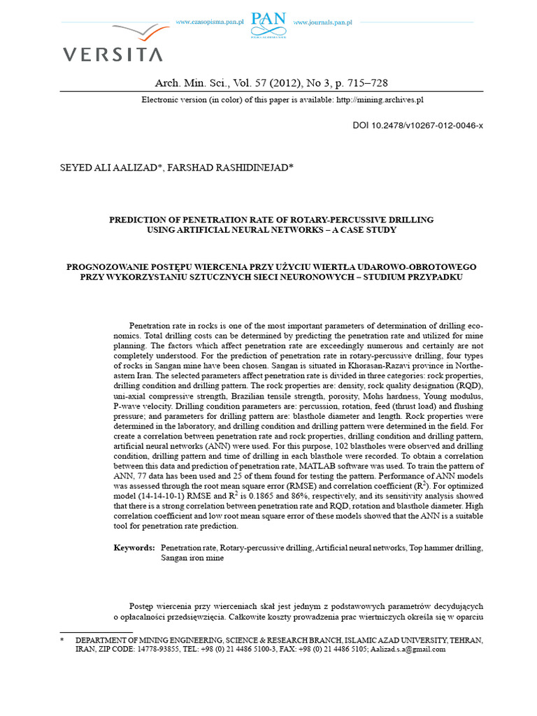 Prediction Of Penetration Rate Of Rotary Percussive Drilling Using Artificial Neural Networks Pdf