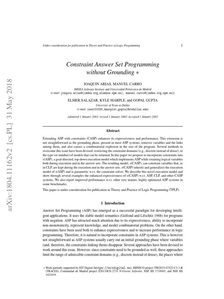 Constraint Answer Set Programming Without Grounding | PDF | Theoretical Computer Science ...