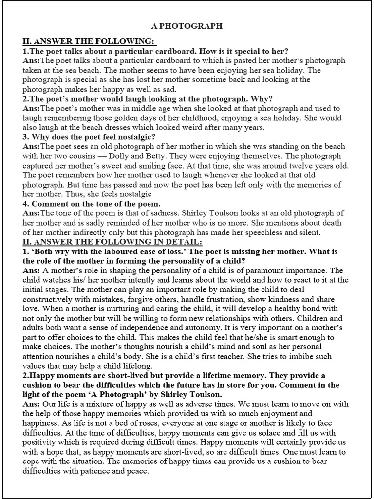 Grade 11 - Chap 1 - A Photograph - English | PDF | Behavioural Sciences ...