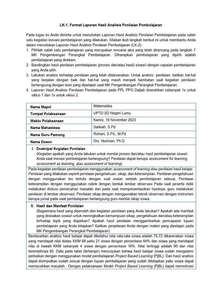 Laporan Hasil Analisis Penilaian Pembelajaran | PDF
