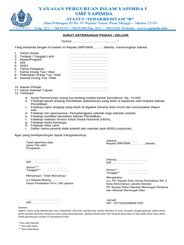 Surat Mutasi Keluar DKI JKT Seksi SMP Js2 2024 | PDF