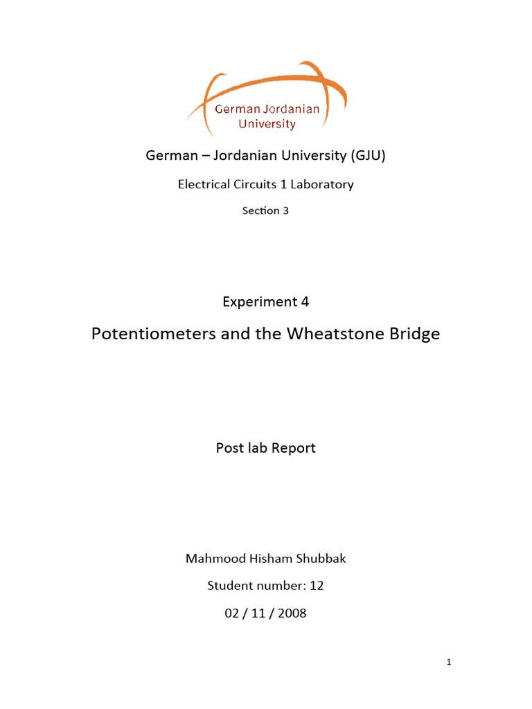 Potentiometers and Wheatstone Bridge Experiment | PDF | Electrical ...