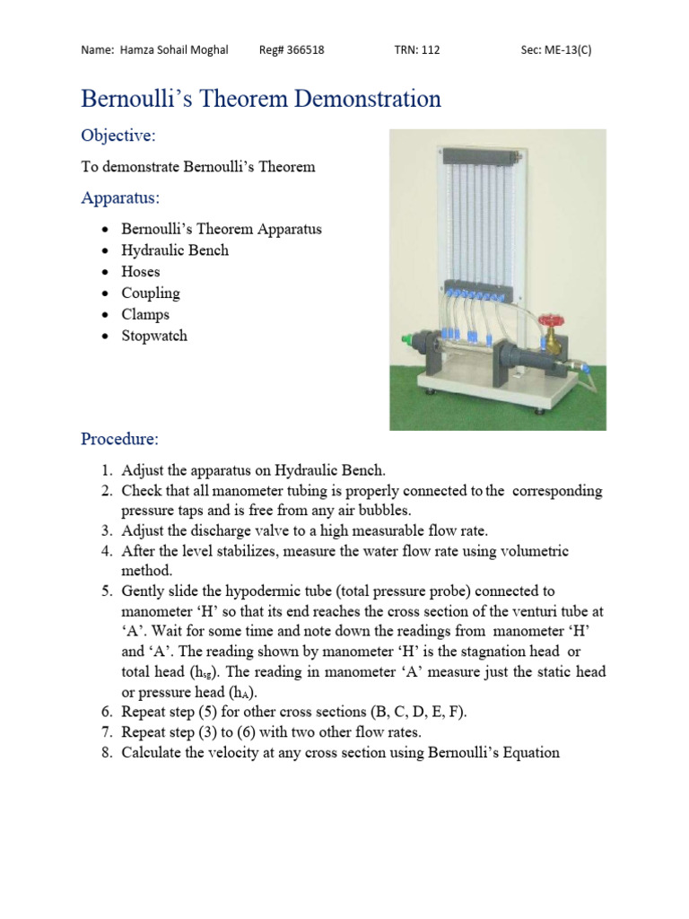 Bernoulli's Theorem Demonstration | PDF | Pressure | Flow Measurement