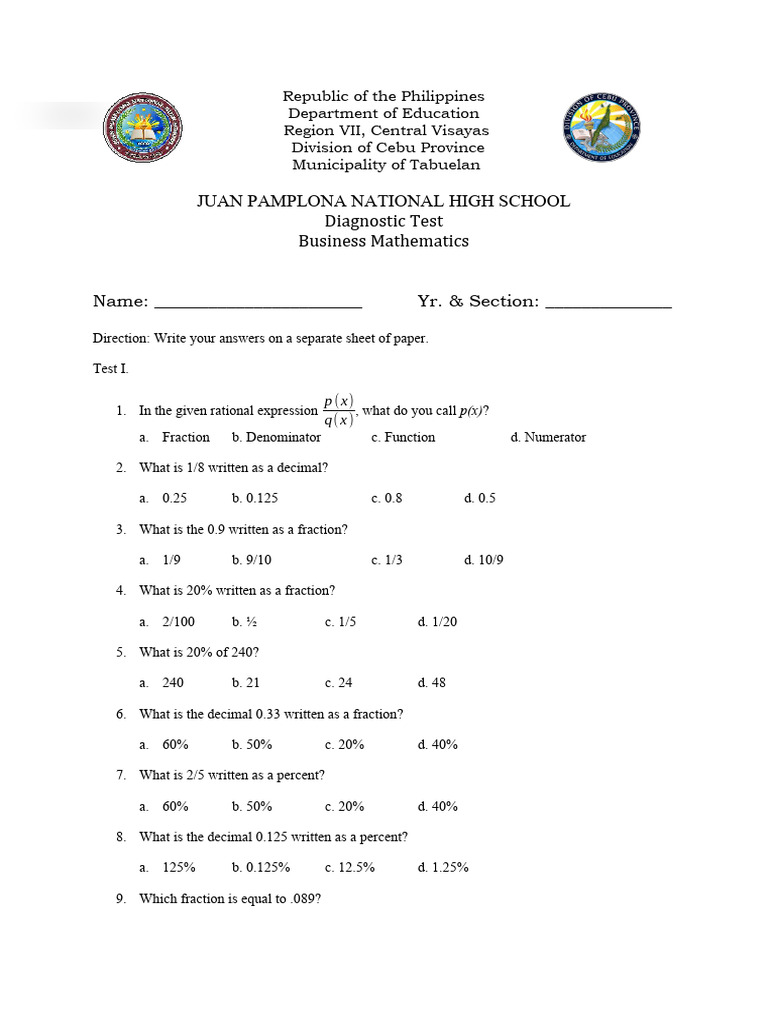 2nd Quarter First Assessment in Gen. Math | PDF | Mathematics ...