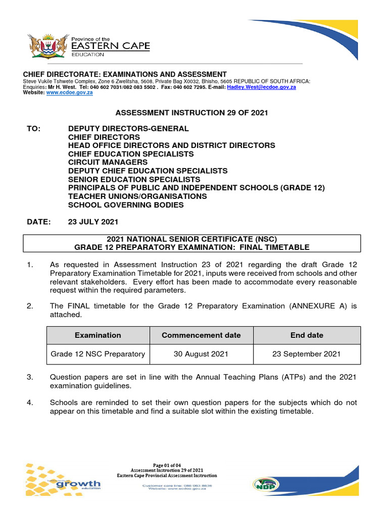 Assessment Instruction 29 of 2021 - NSC Grade 12 Prep Final Timetable ...