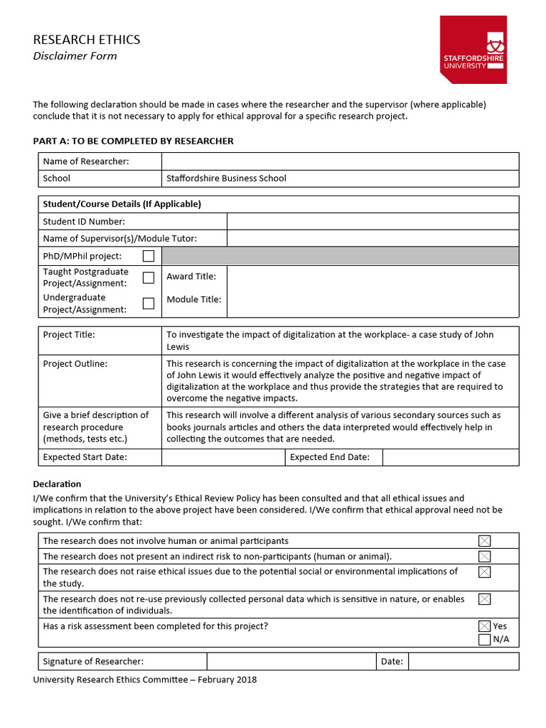 BLANK Disclaimer Form | PDF | Risk | Science
