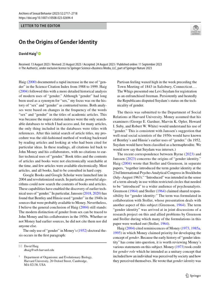 On The Origins of Gender Identity: David Haig | PDF | Gender | Gender ...