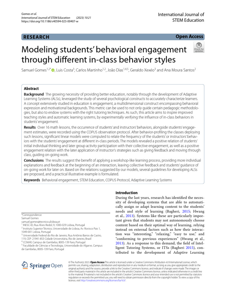 Modeling students’ behavioral engagement through different in-class ... Modeling students’ behavioral engagement through different in-class ...