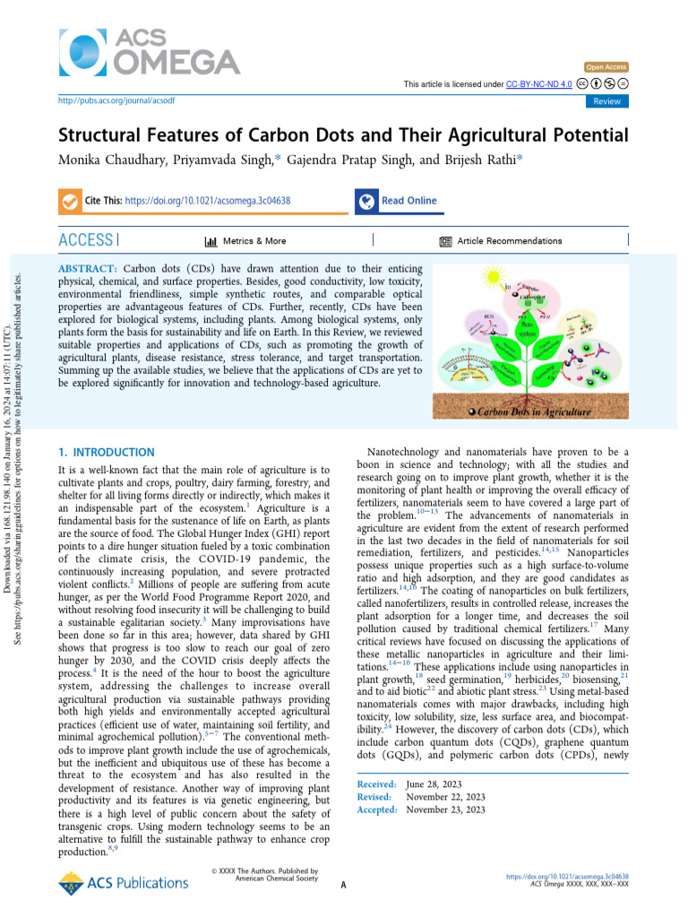 Structural Features of Carbon Dots and Their Agricultural Potential | PDF | Reactive Oxygen ...