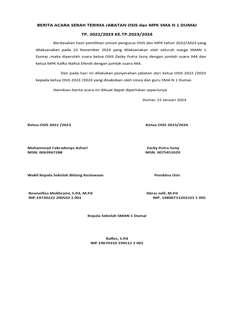 Berita Acara Serah Terima Jabatan Osis Dan MPK Sma N 1 Dumai | PDF