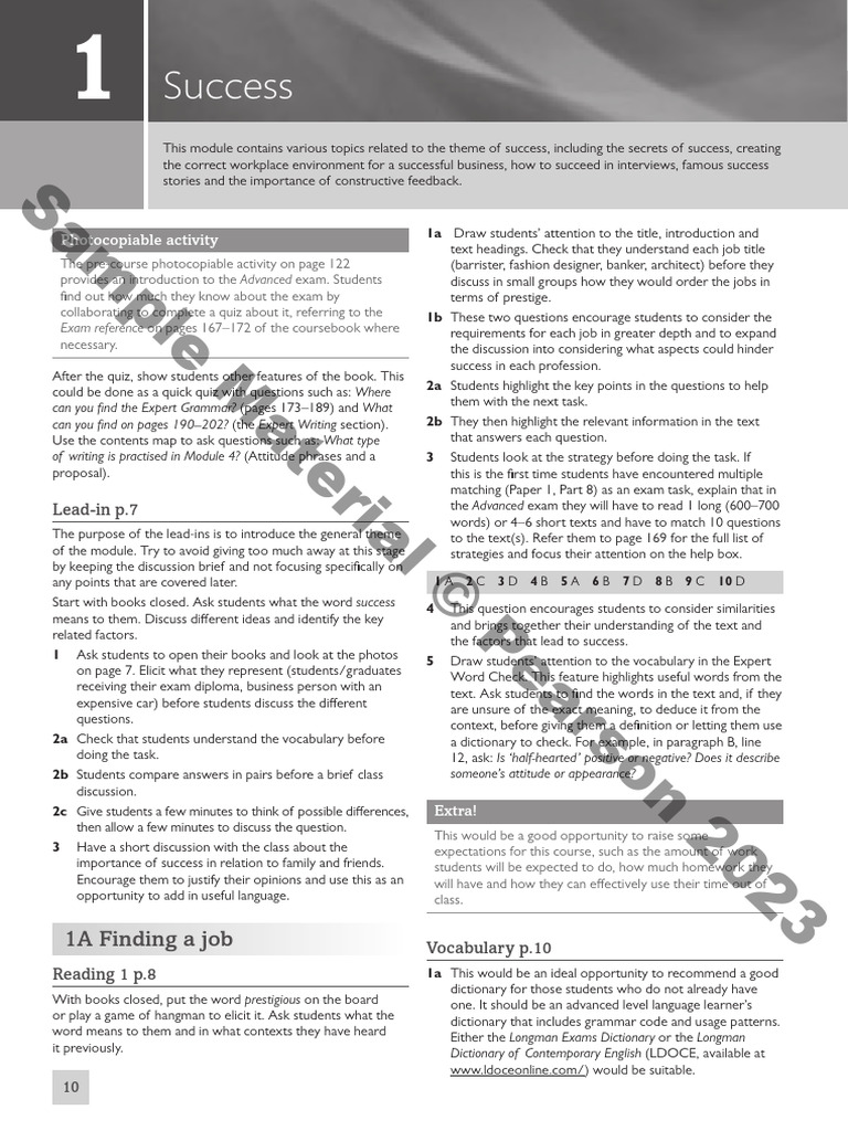 Expert Cambridge ADV U1 - Teacher's Book | PDF | Word | Grammatical Tense