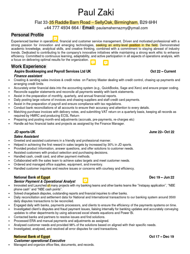 Paul Zaki CV Final | PDF | Banks | Sales