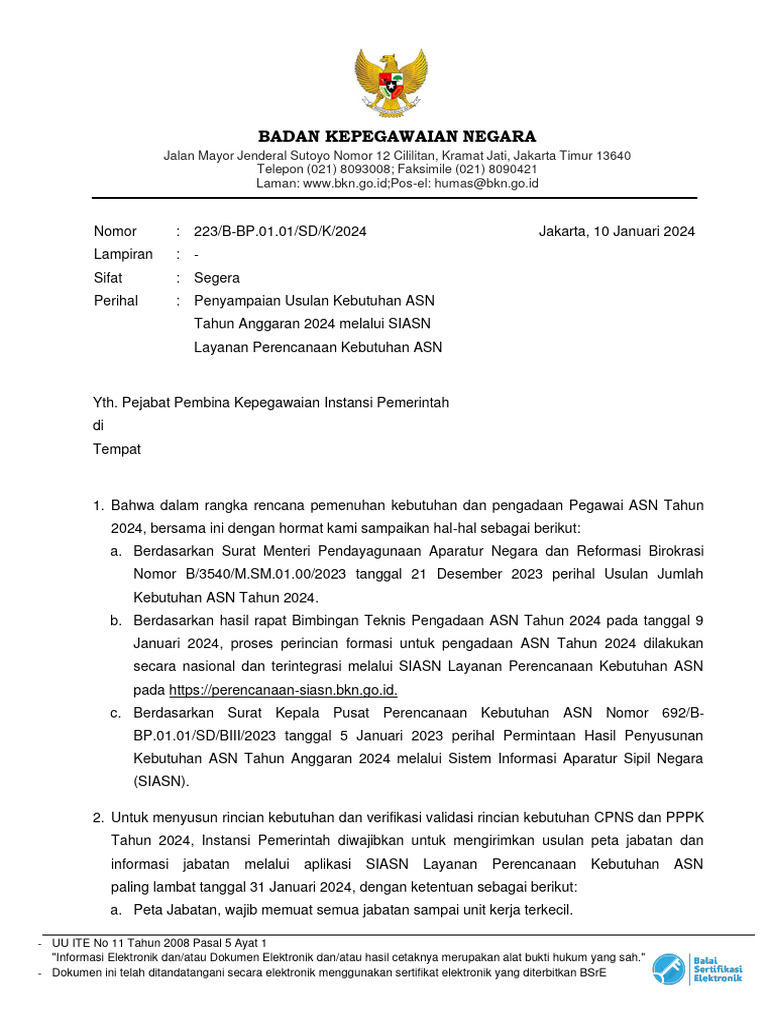 Surat Kepala BKN Ke Pejabat Pembina Kepegawaian Tentang Penyampaian ...