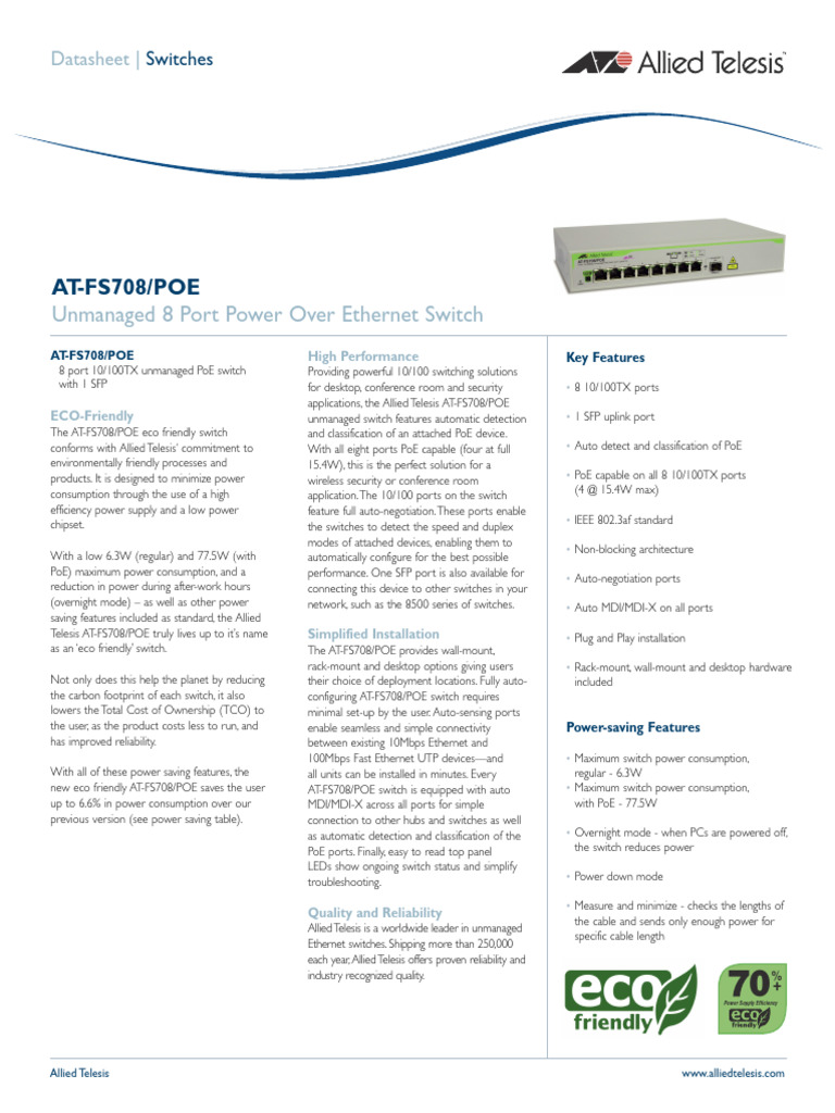 AT-FS708/POE: 8-Port PoE Switch | PDF | Network Switch | Ethernet