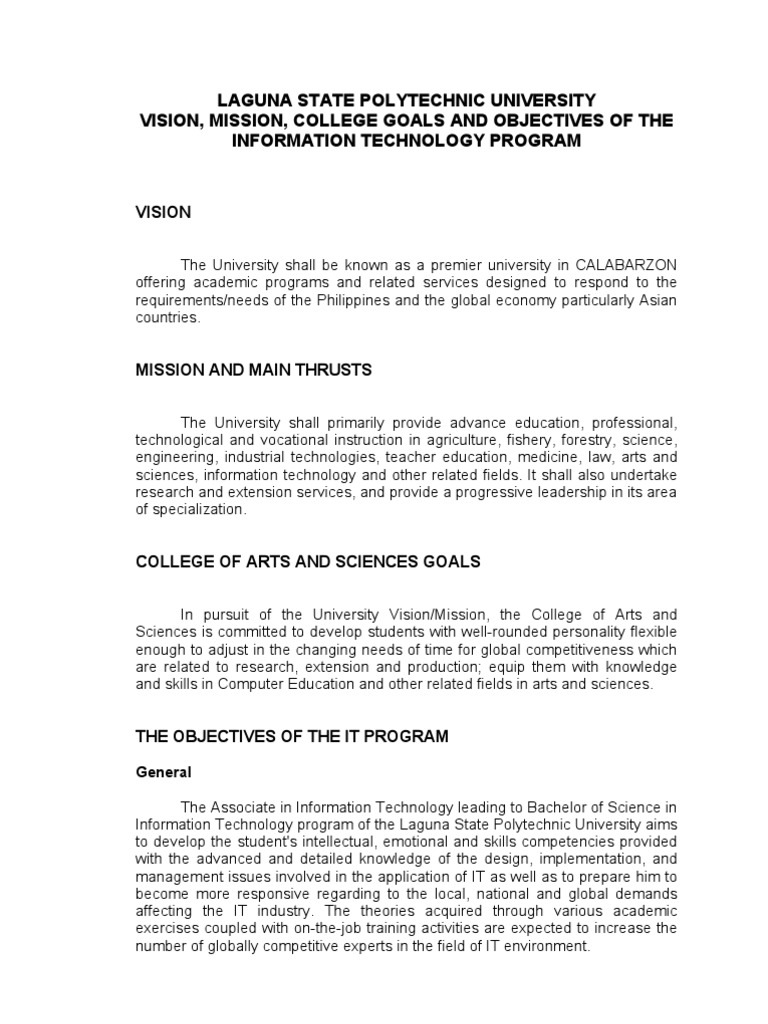 Laguna State Polytechnic University Vision, Mission, College Goals and ...