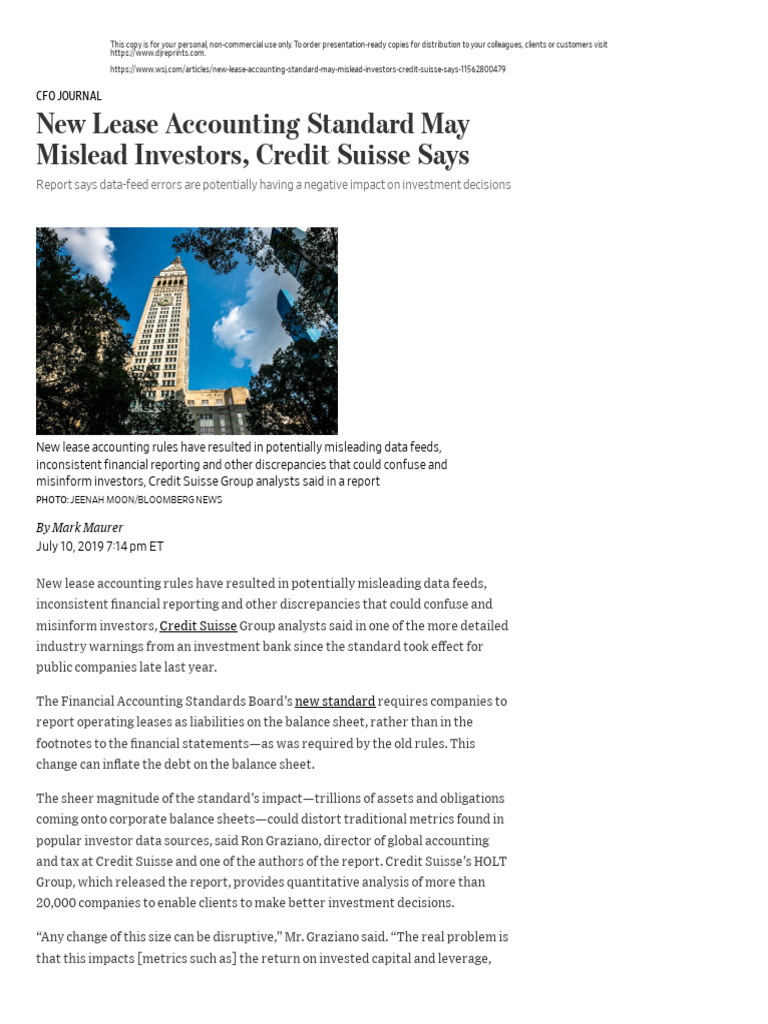 New Lease Accounting Standard May Mislead Investors, Credit Suisse Says ...