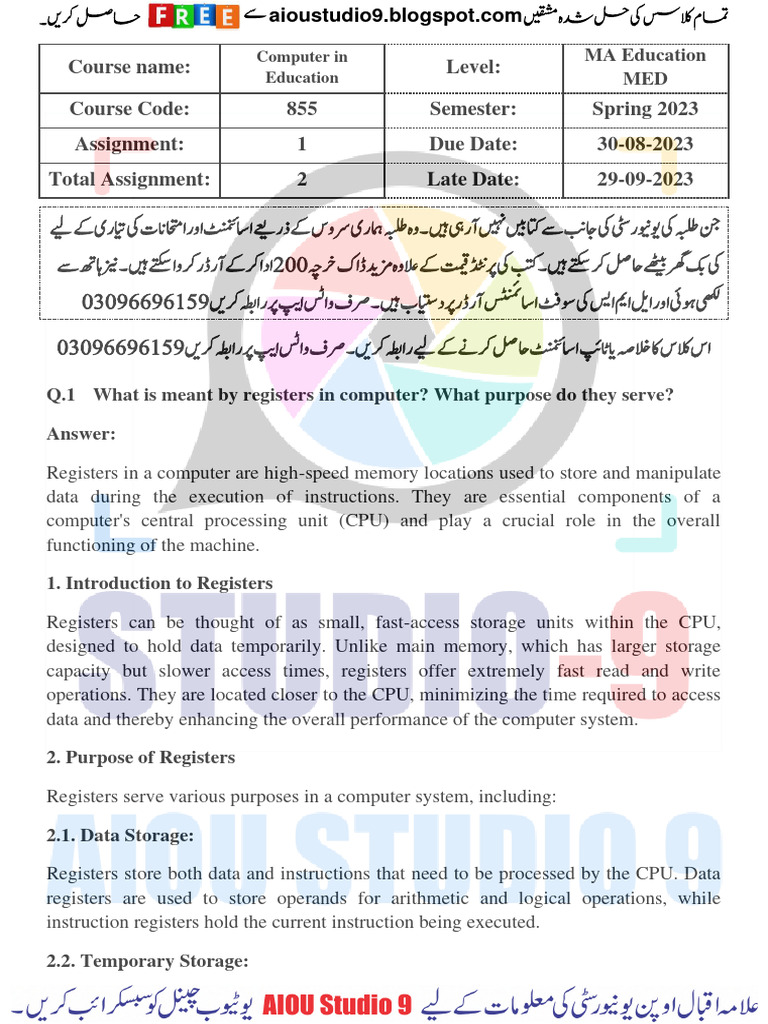 Course Name: Level: Course Code: 855 Semester: Spring 2023 Assignment: 1 Due Date: 30-08-2023 ...