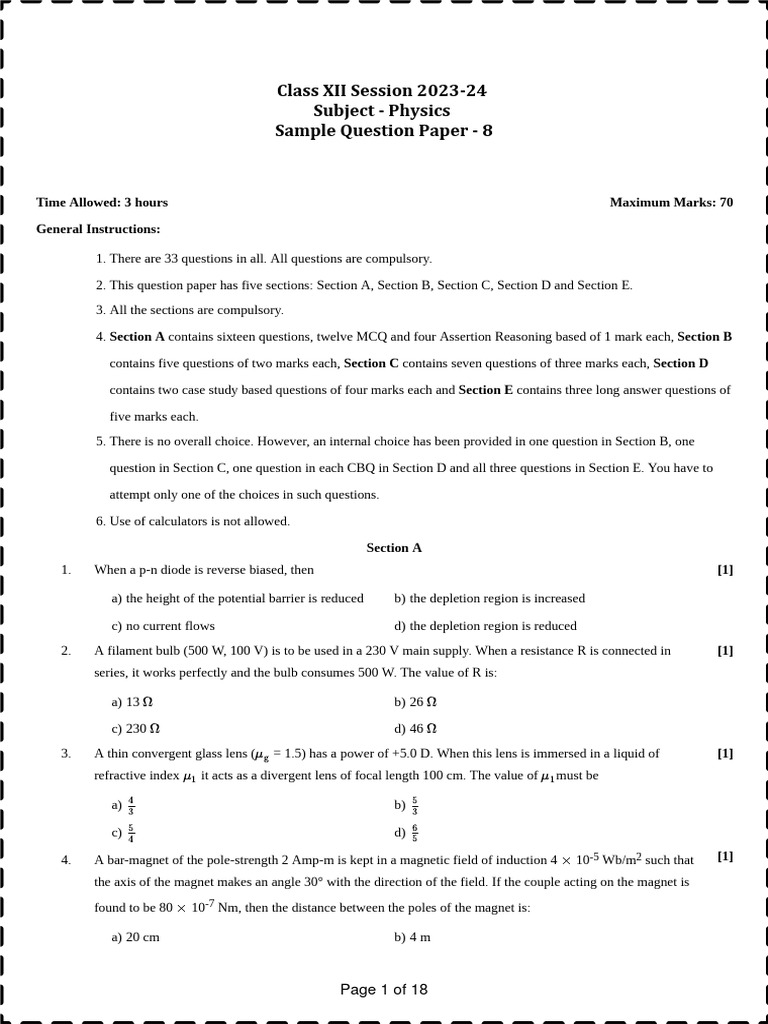 Cbse Class 12th Physics Sample Paper With Solution | PDF