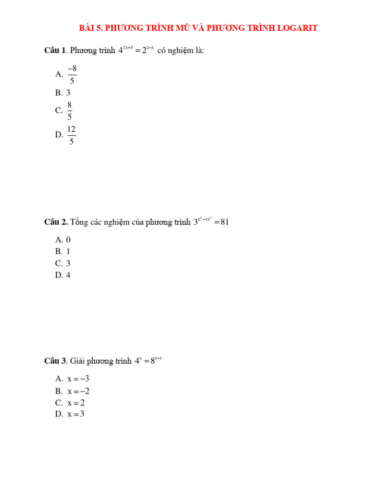 Trac Nghiem Phuong Trinh Mu Va Phuong Trinh Logarit Co Dap An Toan Lop | PDF