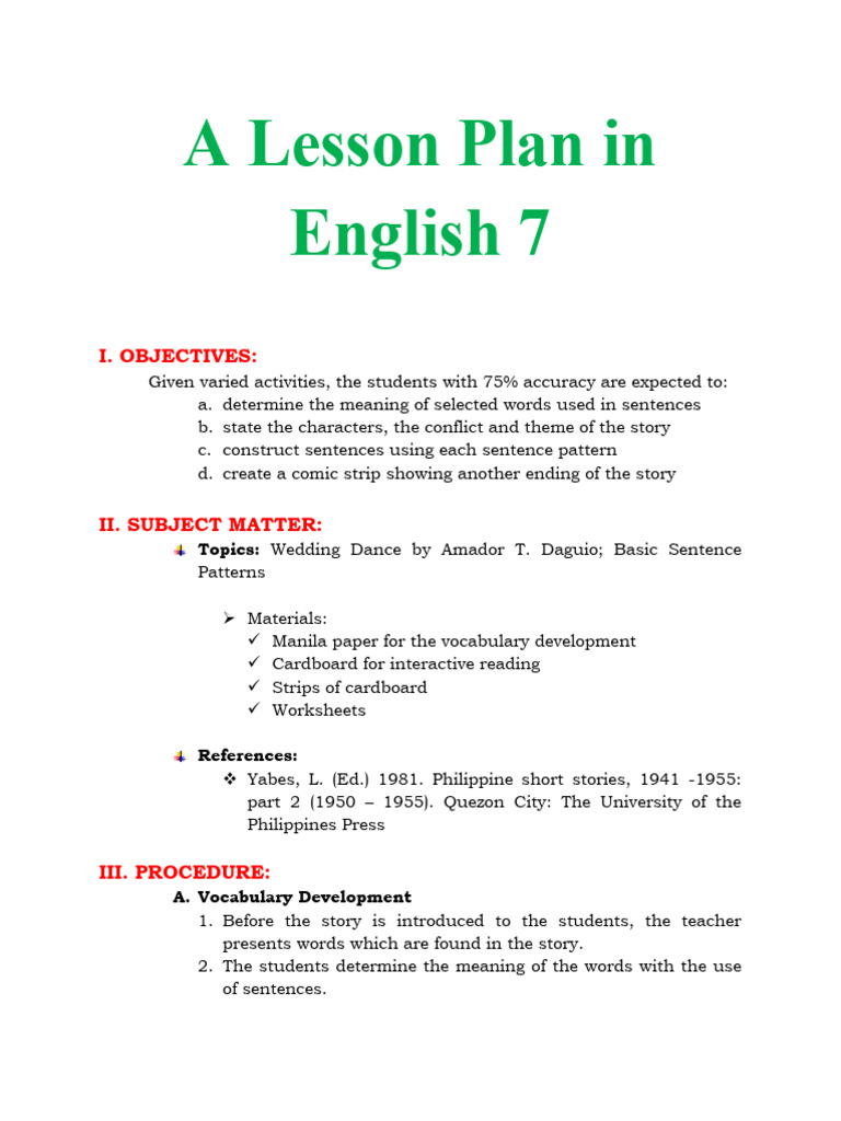 A Lesson Plan in English 7 | PDF | Verb | Object (Grammar)