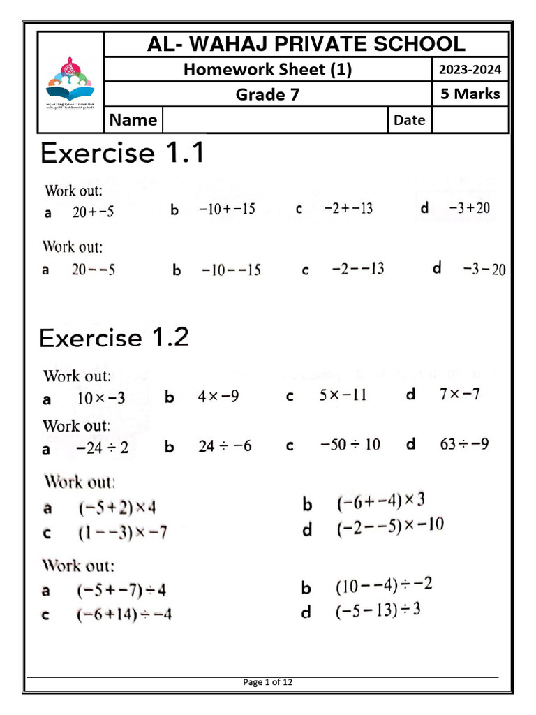 Math Homework Sheet-1 - Grade-7 | PDF