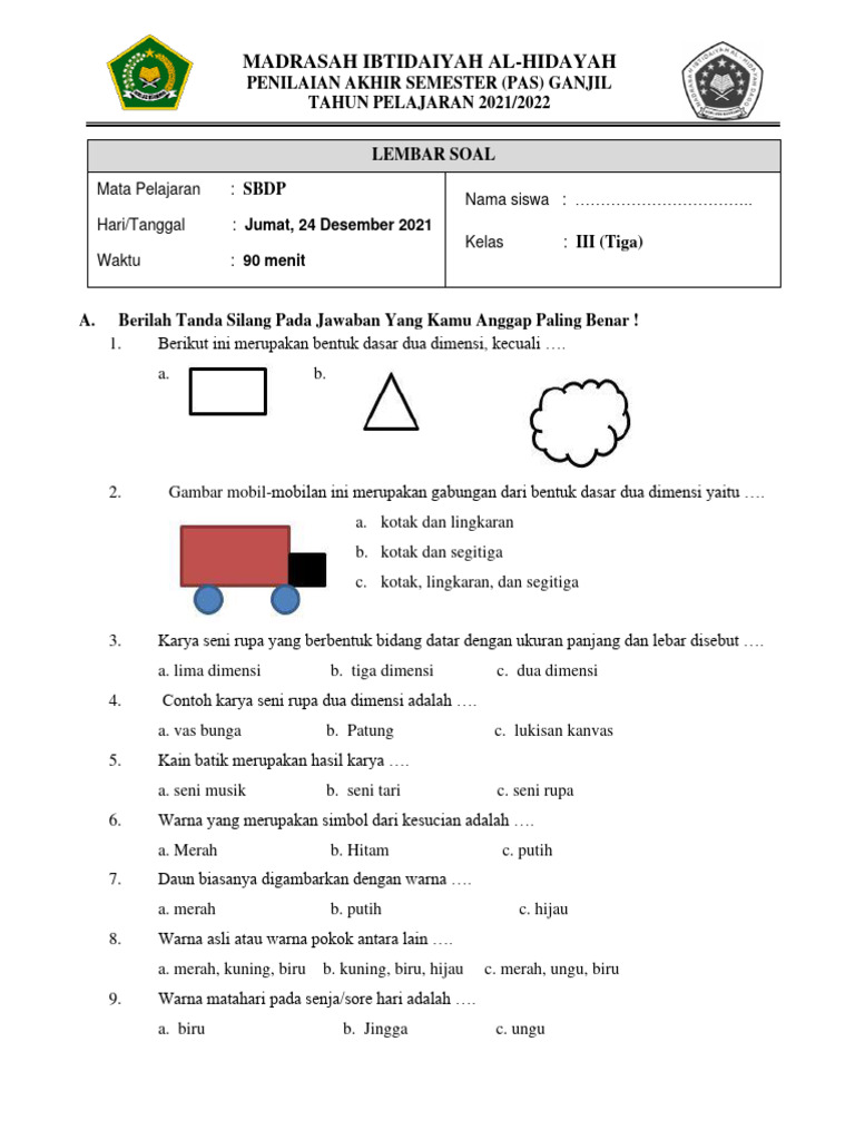 Soal PAS Ganjil SBDP Kelas 3 MI Al-Hidayah | PDF