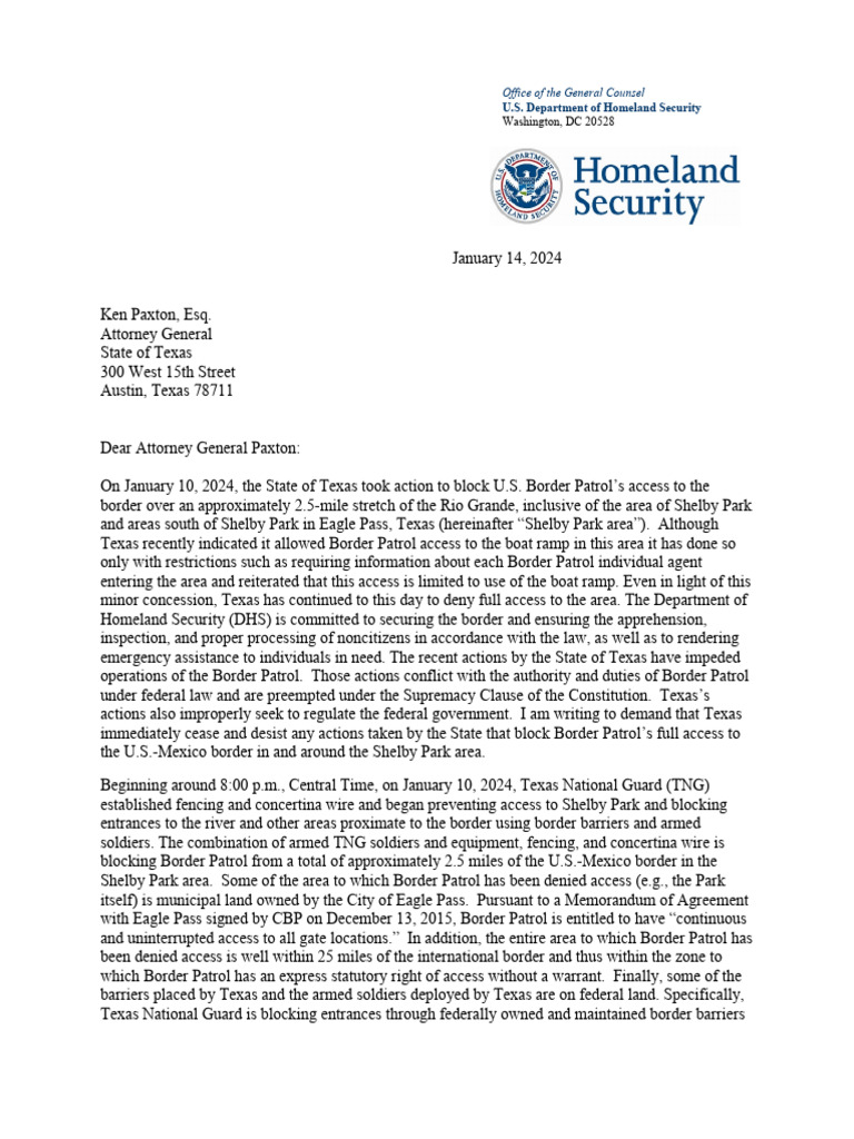 DHS Letter to Paxton Over Shelby Park | PDF