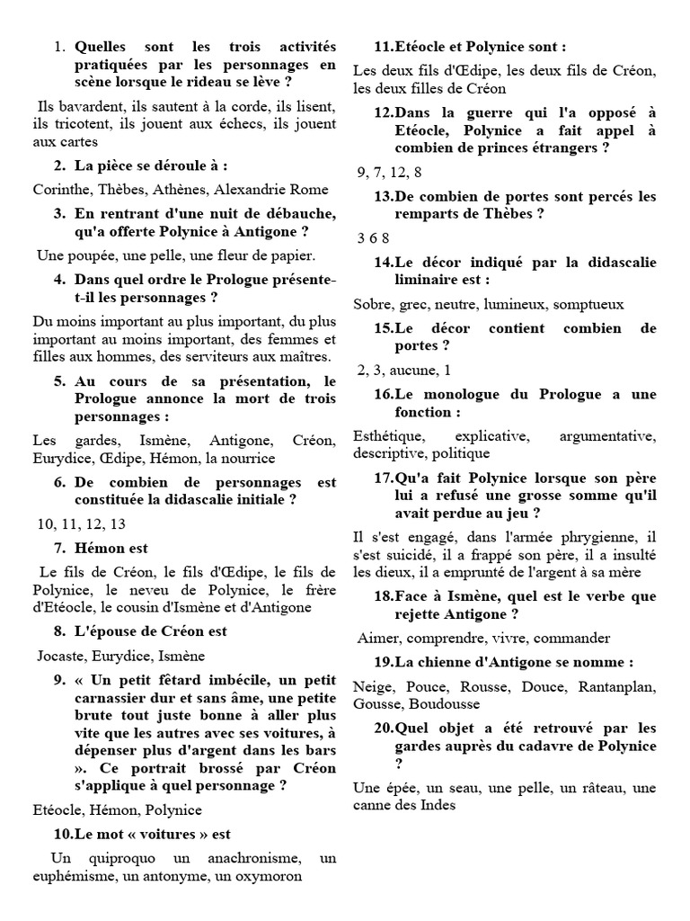 Questionnaire Antigone corrigé PDF | PDF | Mythologie de Thèbes ...