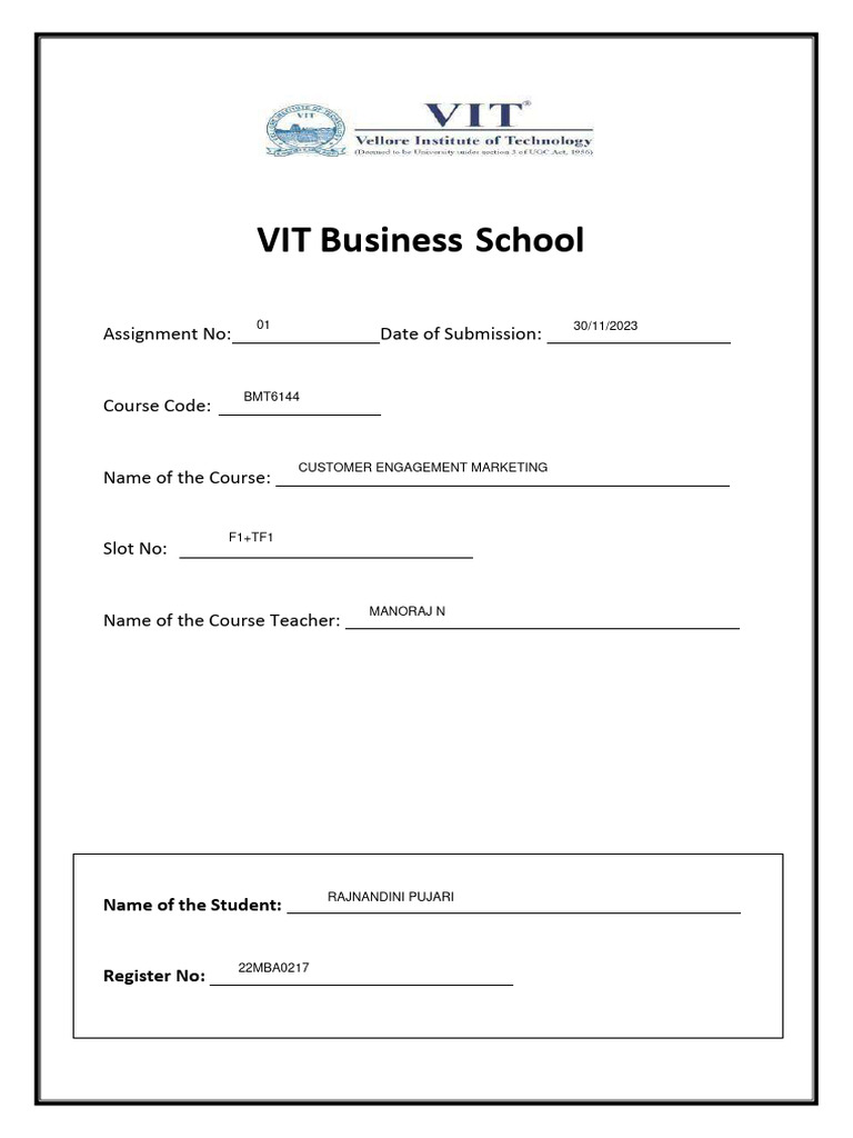 VIT Business School: Assignment No: Date of Submission | PDF