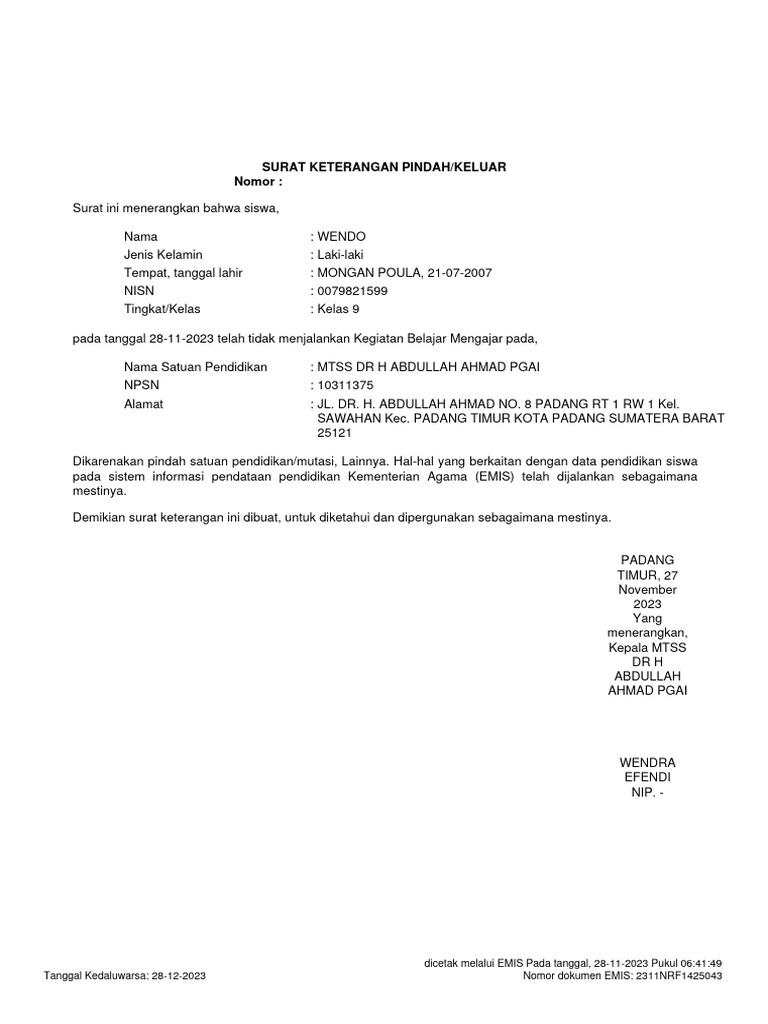 Mutasi Keluar - Surat Keterangan - WENDO | PDF