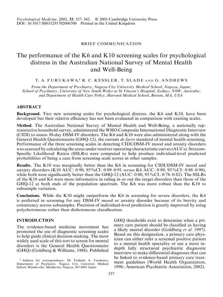 K6 vs K10: Screening for Mental Distress | PDF | Wellness