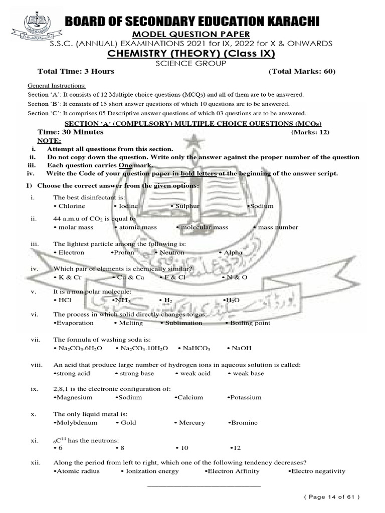 Chemistry Model Paper Class 9 Sindh 2025 | PDF | Chemistry | Chemical Bond