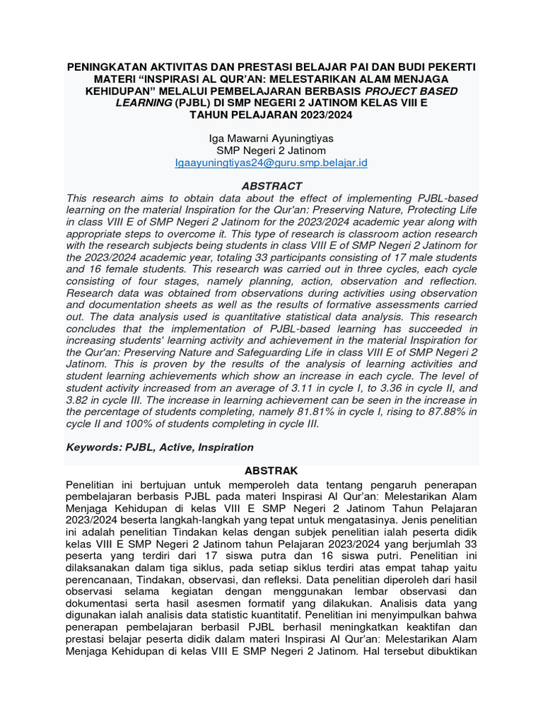 Learning (PJBL) Di SMP Negeri 2 Jatinom Kelas Viii E | PDF | Cognitive Science | Methodology