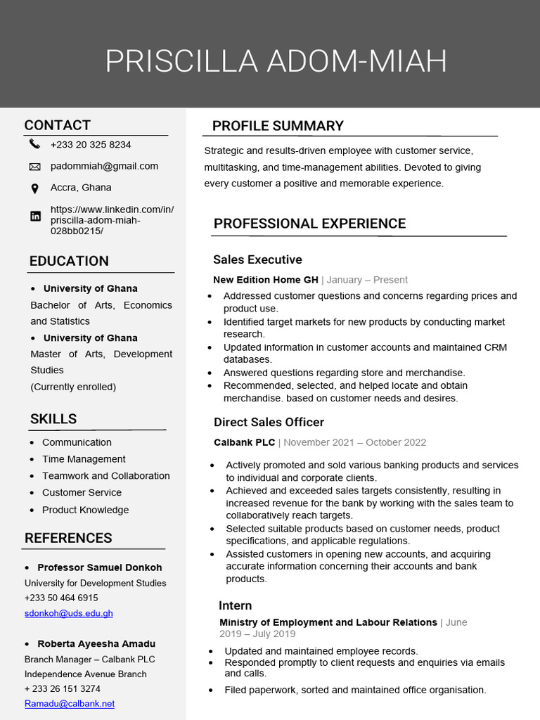 Priscilla Adom-Miah: Profile Summary Contact | PDF | Sales | Customer