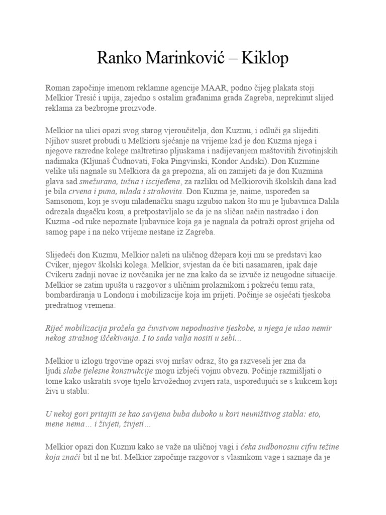 Ranko Marinković - Kiklop | PDF