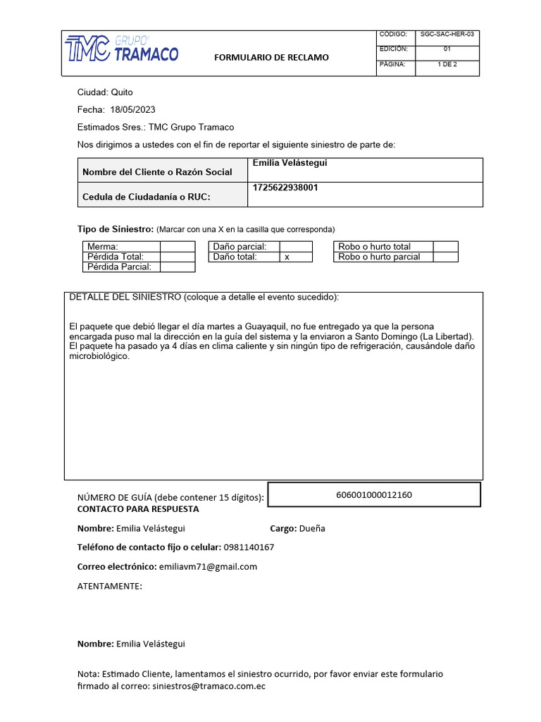 (Emilia Velástegui) SGC-SAC-HER-03 - Formularia - de - Reclamo - A ...