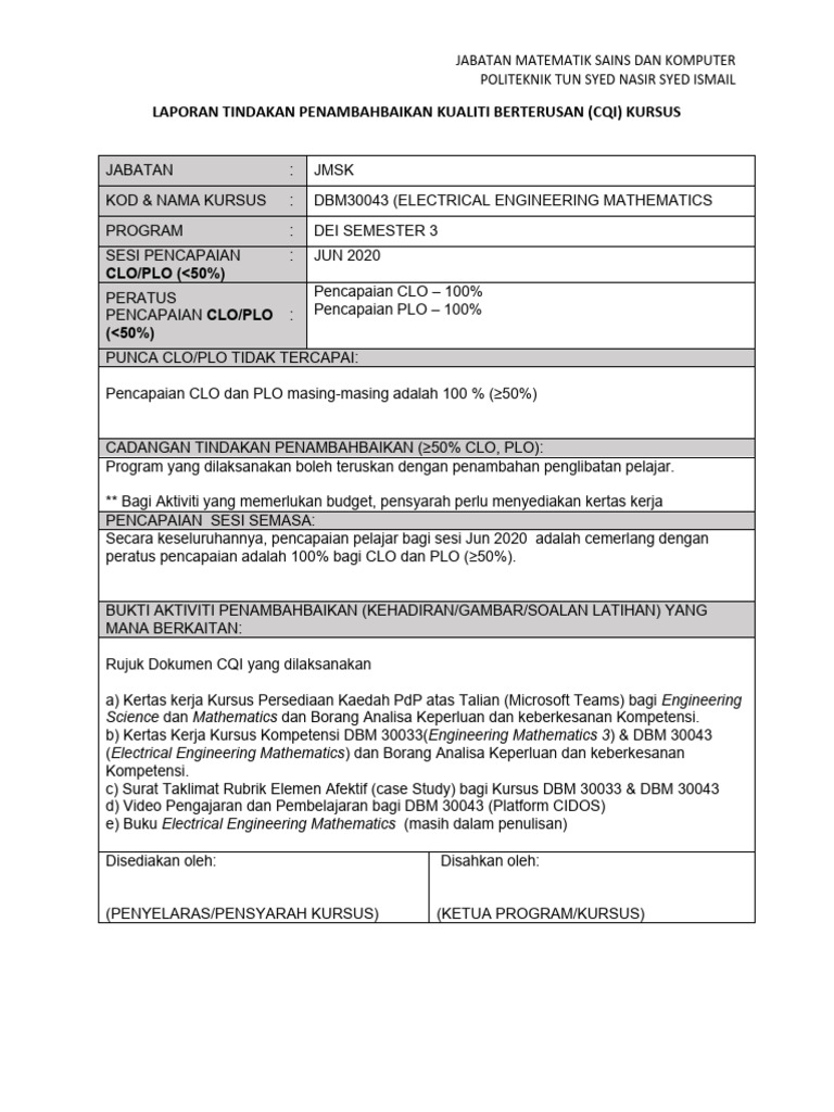 CONTOH LAPORAN CQI | PDF