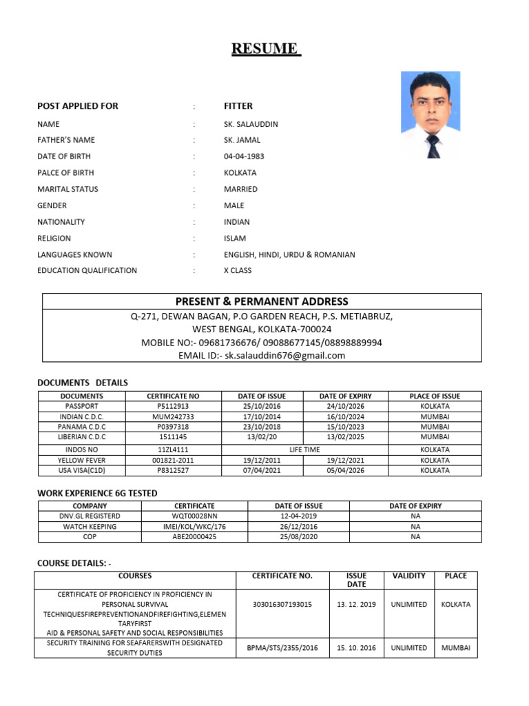 Experienced Fitter Resume - SK. Salauddin | PDF | Shipping | Water Transport