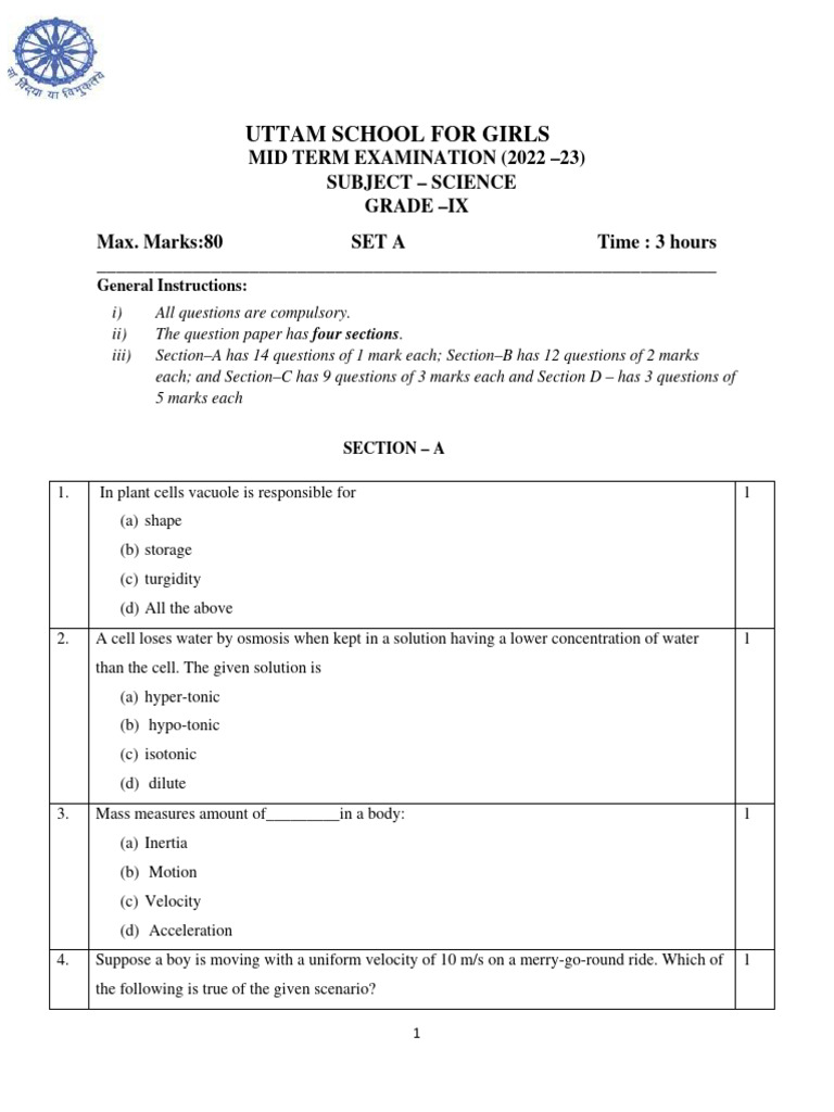 Set A Science Mid Term Examination 1 | PDF | Mixture | Force