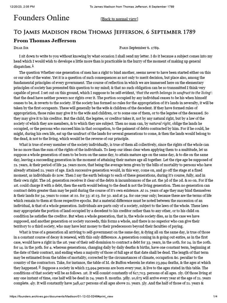 To James Madison From Thomas Jefferson, 6 September 1789 | PDF ...
