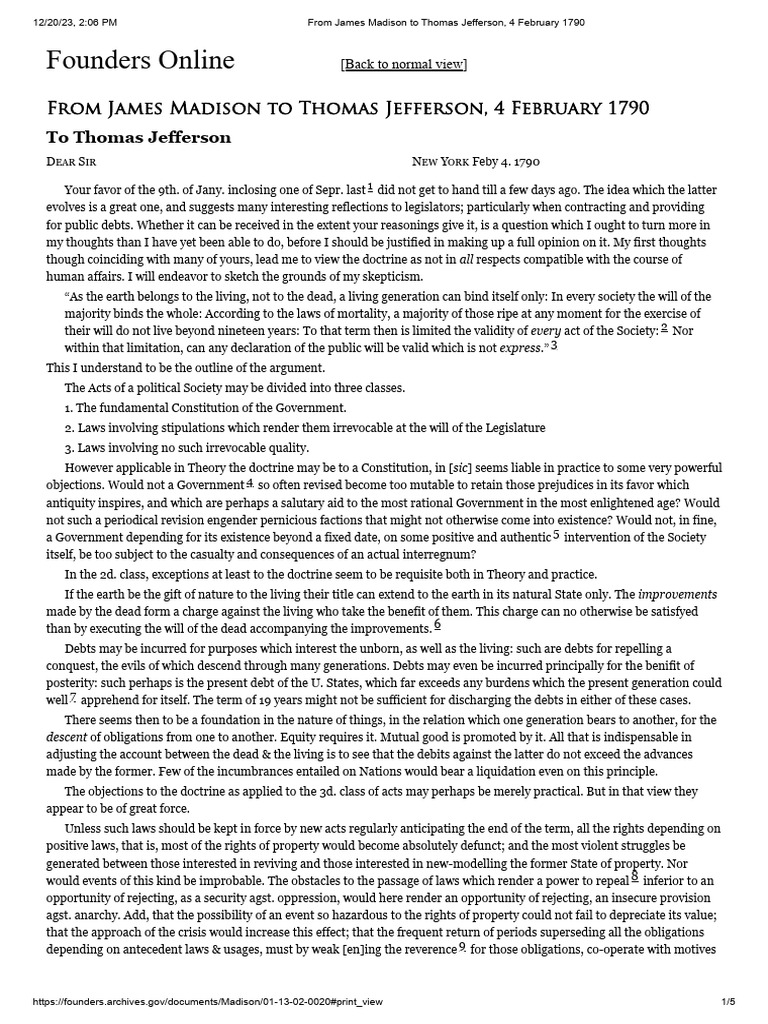 From James Madison To Thomas Jefferson, 4 February 1790 | PDF | Thomas ...