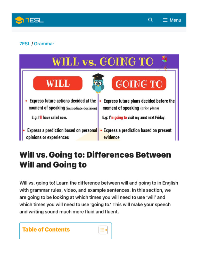 Will vs. Going To - Differences Between Will and Going To - 7ESL | PDF