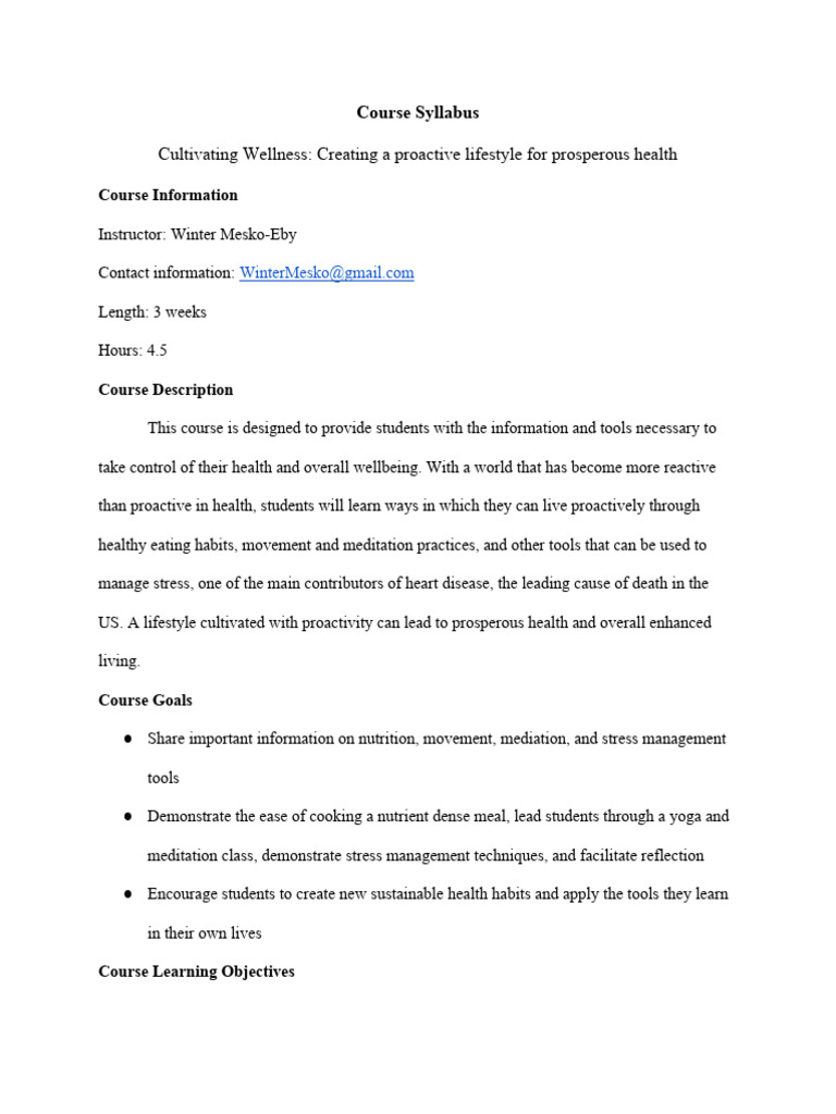 Proactive Wellness Course Syllabus | PDF
