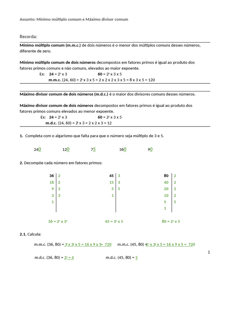 Ficha Matematica 6 Ano MDC MMC Solucoes | PDF | Matemática | Aritmética