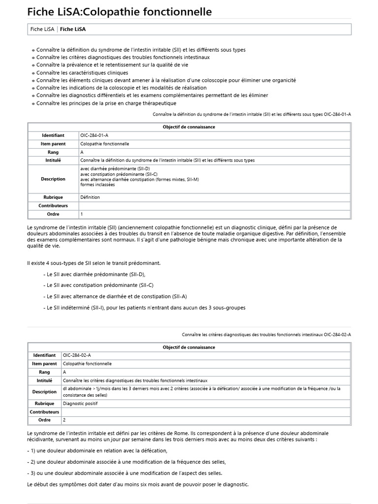 Fiche LiSA - Colopathie Fonctionnelle - LiSA | PDF | Syndrome de l ...