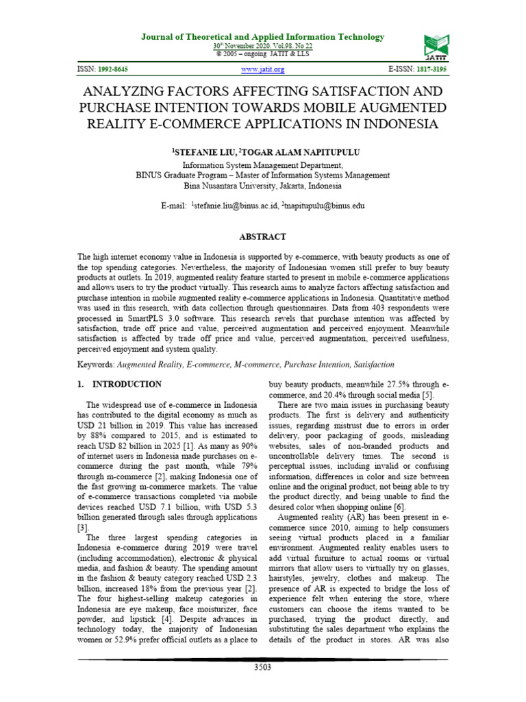 Analyzing Factors Affecting Satisfaction And Purchase Intention Towards Mobile Augmented Reality