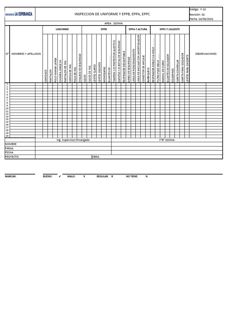 Formato Insp. de Unif. y Eppb Eppa Eppc (2) | PDF